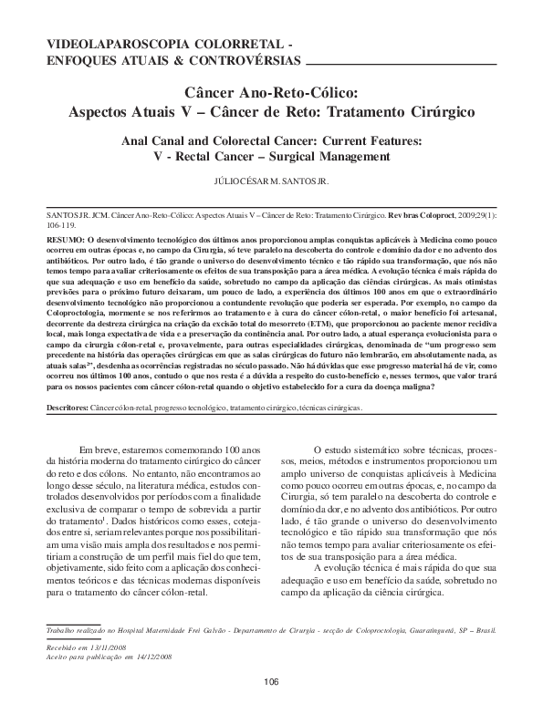 (PDF) Câncer Ano-Reto-Cólico: Aspectos Atuais V - Câncer de Reto ...