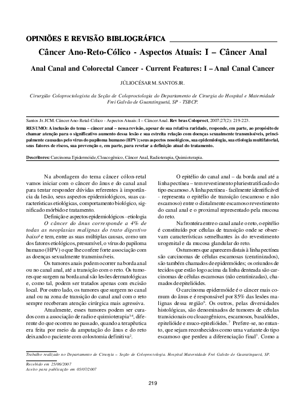 (PDF) Câncer Ano-Reto-Cólico - Aspectos Atuais: I - Câncer Anal Anal ...
