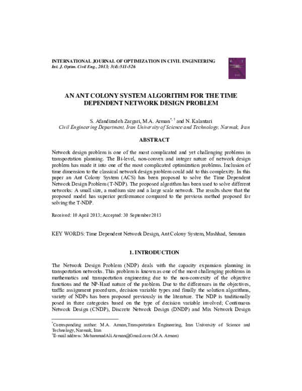 Pdf An Ant Colony System Algorithm For The Time Dependent Network Design Problem