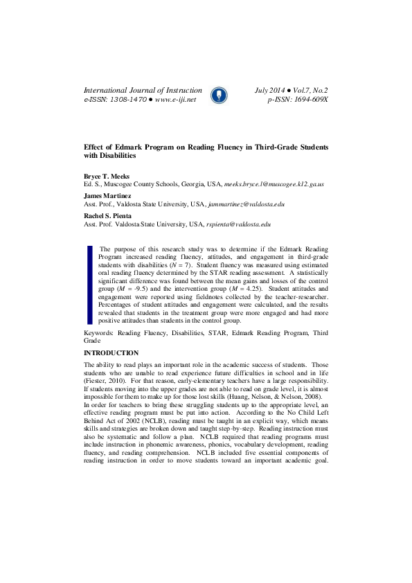 (PDF) Effect of Edmark Program on Reading Fluency in Third-Grade ...
