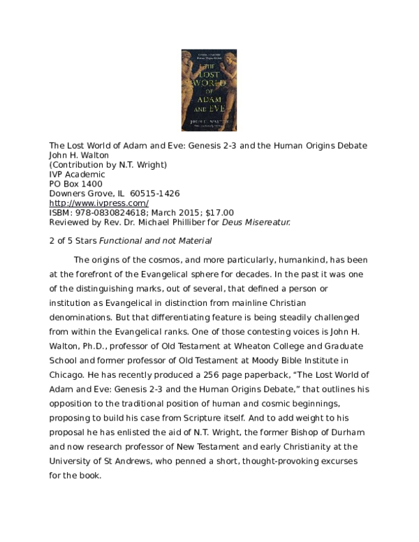 (DOC) "The Lost World of Adam and Eve" by John Walton, Ph.D. A Review