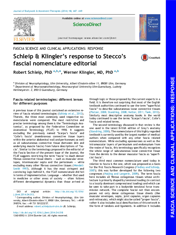 Schleip & Klingler’s response to Stecco’s fascial nomenclature editorial