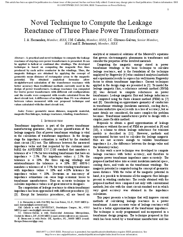 Pdf Technique To Compute The Leakage Reactance Of Three Phase Power
