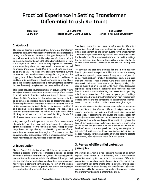 (PDF) Practical Experience in Setting Transformer Differential Inrush Restraint