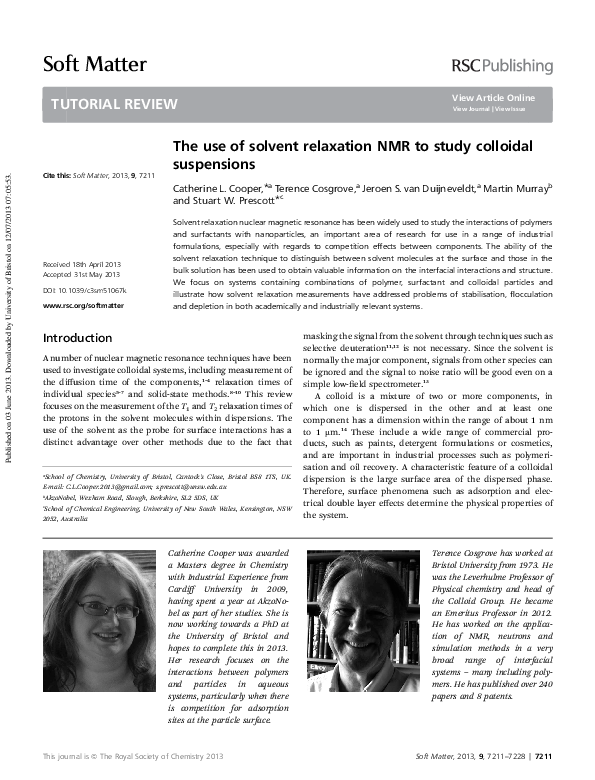 (PDF) The use of solvent relaxation NMR to study colloidal suspensions