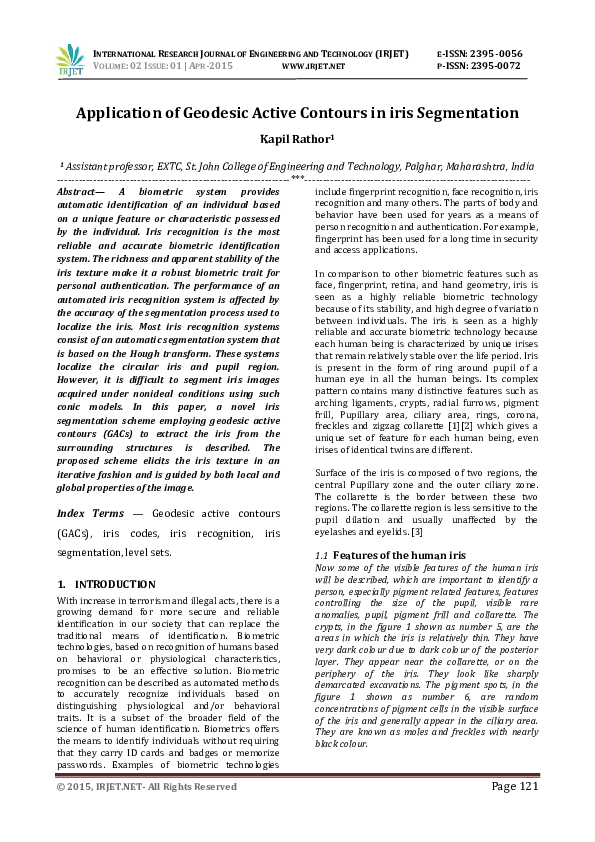Pdf Irjet Application Of Geodesic Active Contours In Iris Segmentation