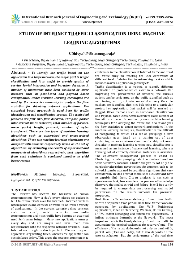 (PDF) IRJET-STUDY OF INTERNET TRAFFIC CLASSIFICATION USING MACHINE LEARNING ALGORITHMS