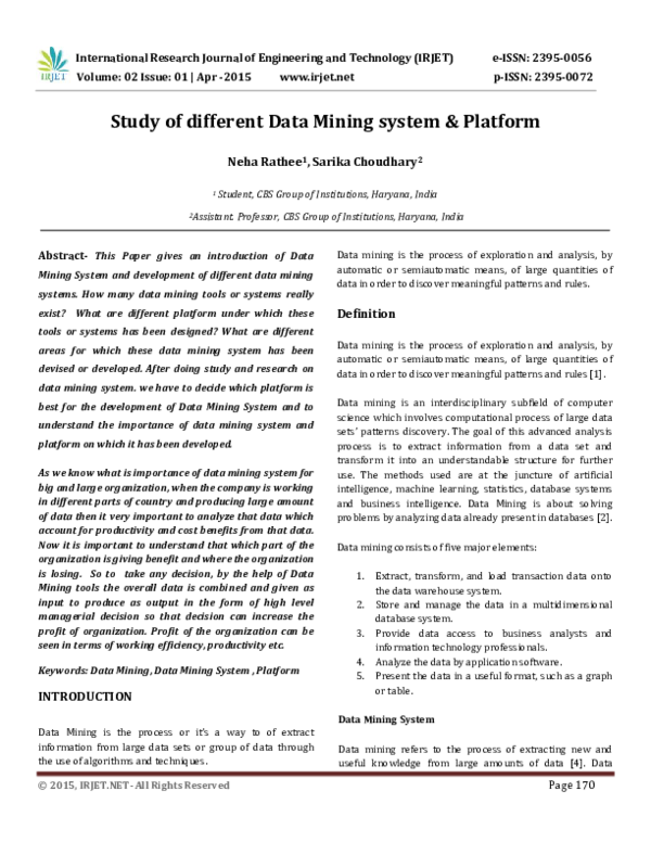 (PDF) IRJET-Study of different Data Mining system & Platform