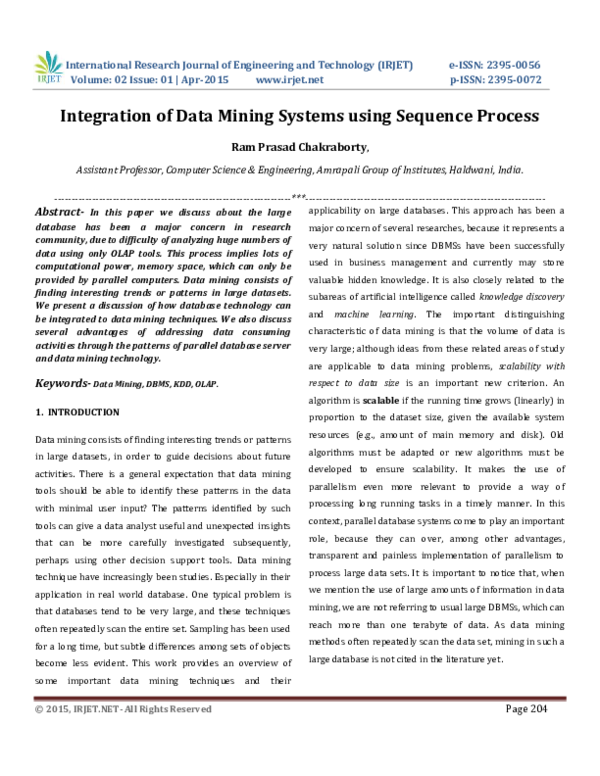 Pdf Irjet Integration Of Data Mining Systems Using Sequence Process