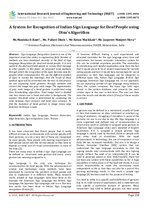 (PDF) IRJET-A System for Recognition of Indian Sign Language for Deaf ...