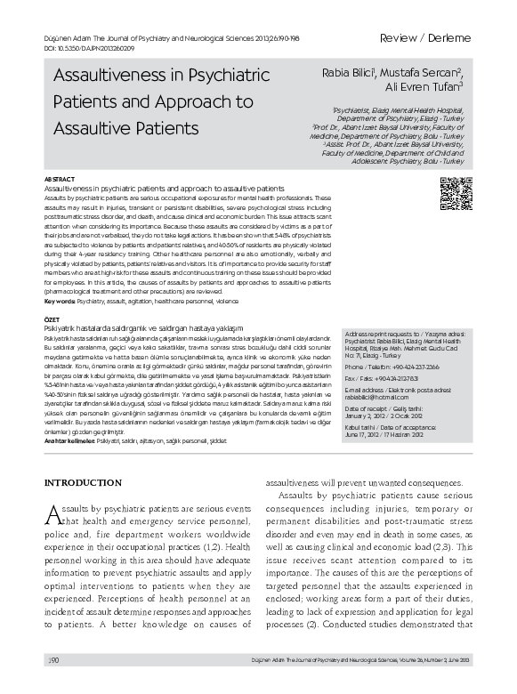 (PDF) Assaultiveness in psychiatric patients and approach to assaultive ...