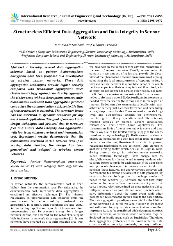 Pdf Irjet Structureless Efficient Data Aggregation And Data Integrity In Sensor Network