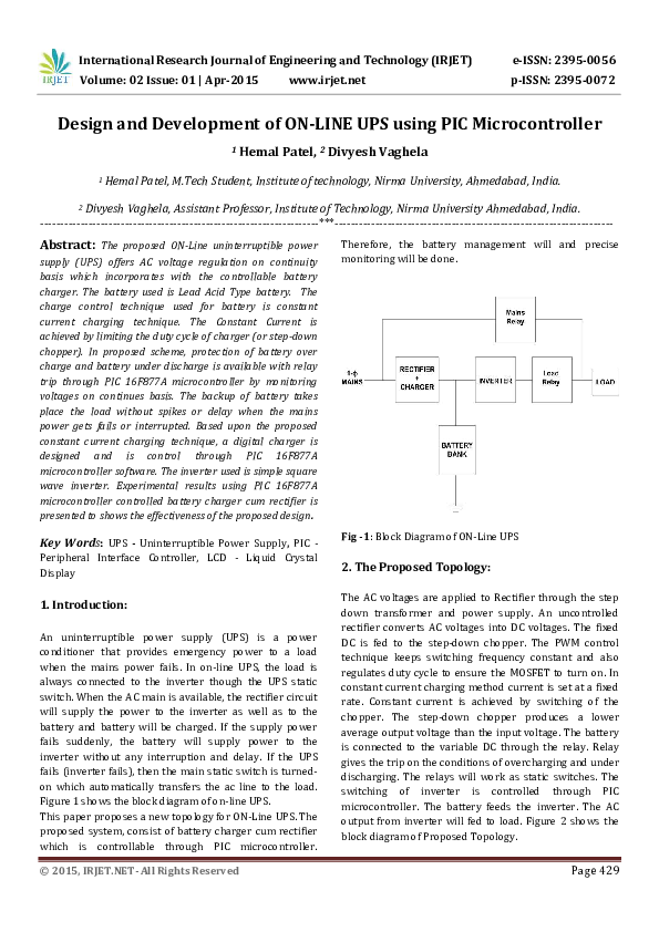 Pdf Irjet Design And Development Of On Line Ups Using Pic Microcontroller