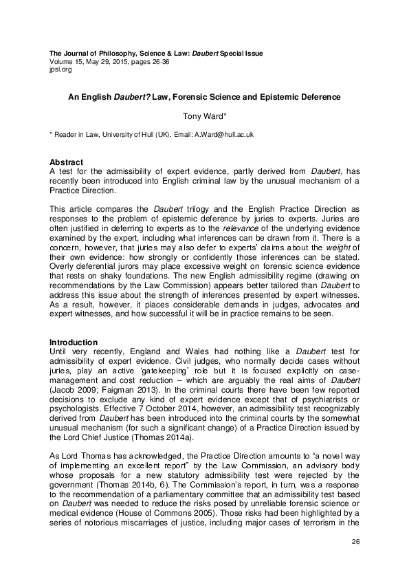 (PDF) An English Daubert? Law, Forensic Science and Epistemic Deference