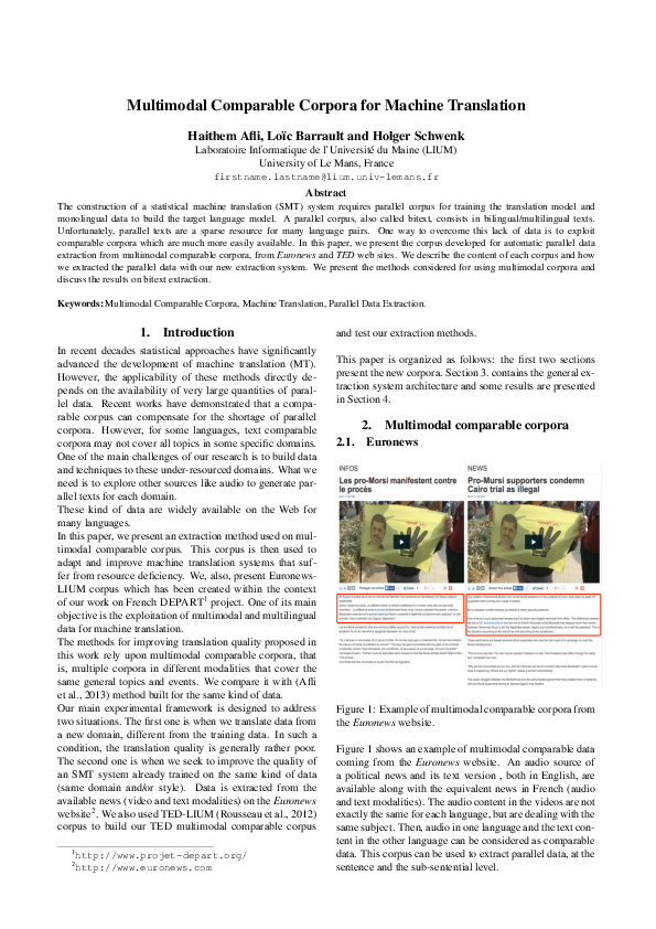 (PDF) Multimodal Comparable Corpora for Machine Translation