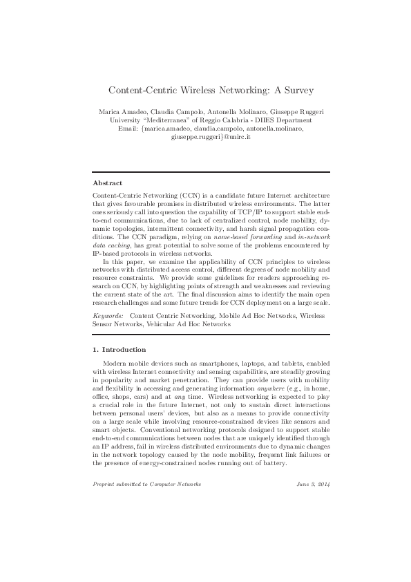 Pdf Content Centric Wireless Networking A Survey