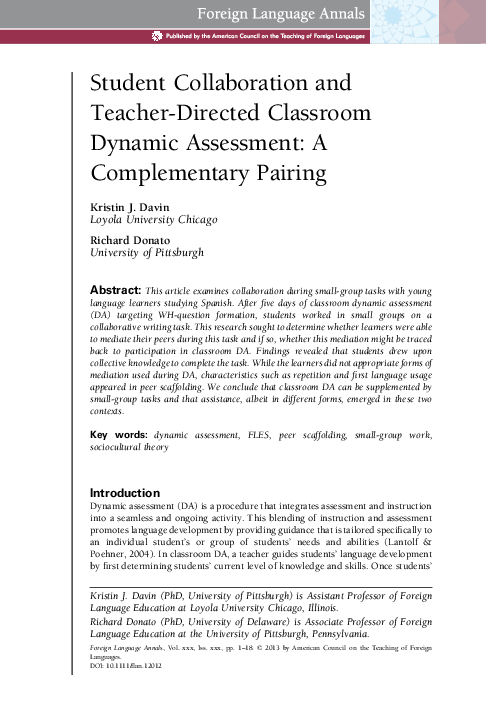 (PDF) Student Collaboration and Teacher‐Directed Classroom Dynamic Assessment: A Complementary ...