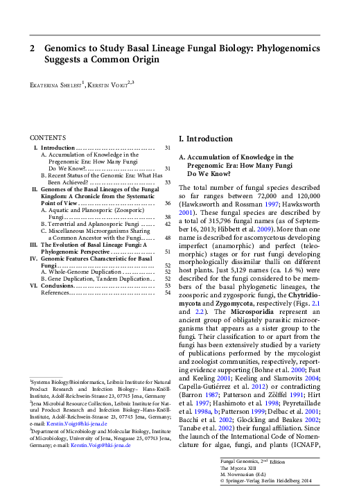 (PDF) 2 Genomics to Study Basal Lineage Fungal Biology: Phylogenomics ...