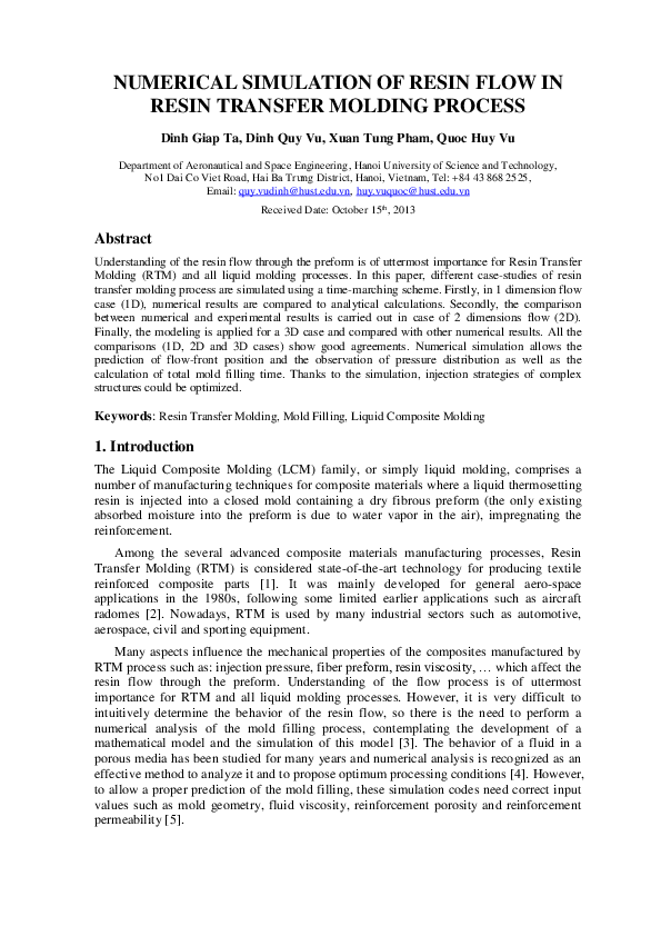 (PDF) NUMERICAL SIMULATION OF RESIN FLOW IN RESIN TRANSFER MOLDING PROCESS