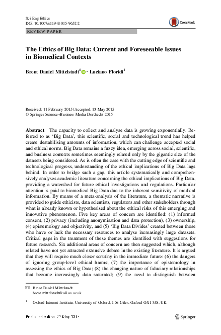 (PDF) The Ethics of Big Data: Current and Foreseeable Issues in ...