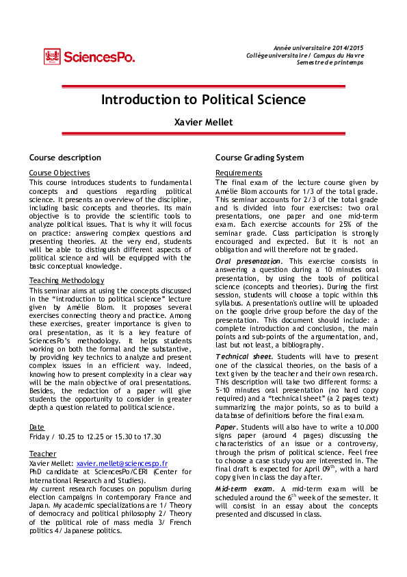 Introduction to Political Science (2014-2015) - syllabus