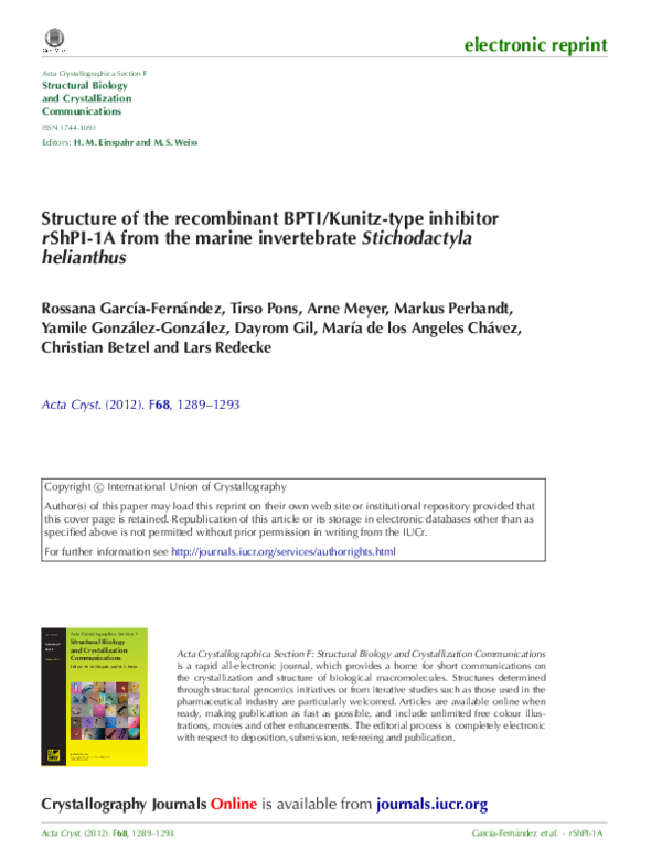 Pdf Structure Of The Recombinant Bpti Kunitz Type Inhibitor R Shpi 1a