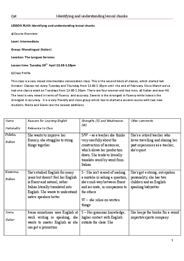 (PDF) Lexical chunks Lesson Plan
