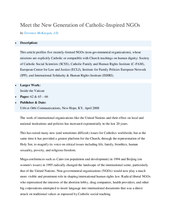 (PDF) Meet the New Generation of Catholic-Inspired NGOs