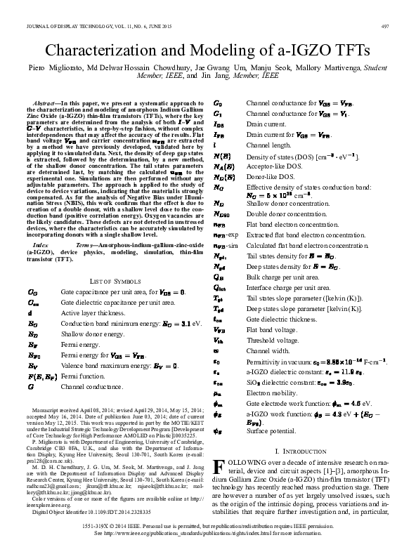 (PDF) Characterization and Modeling of a-IGZO TFTs