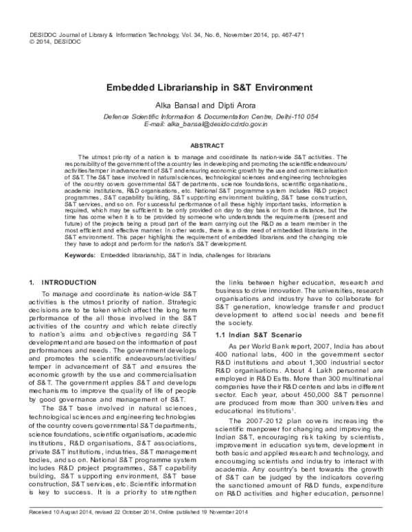 (PDF) Embedded Librarianship in S&T Environment | Dipti Arora ...