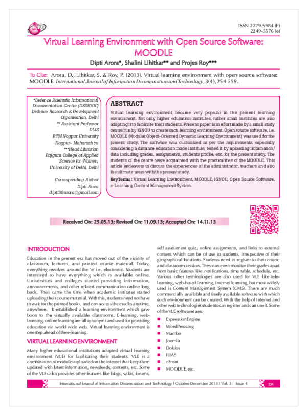 Pdf Virtual Learning Environment With Open Source Software Moodle