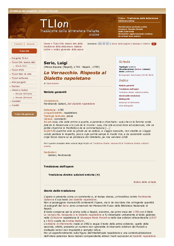 (PDF) Luigi Serio, Lo vernacchio. Resposta a lo Dialetto napoletano ...