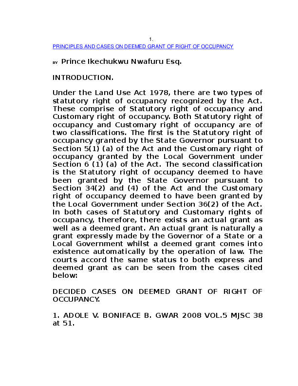 (DOC) PRINCIPLES AND CASES ON DEEMED GRANT OF RIGHT OF OCCUPANCY