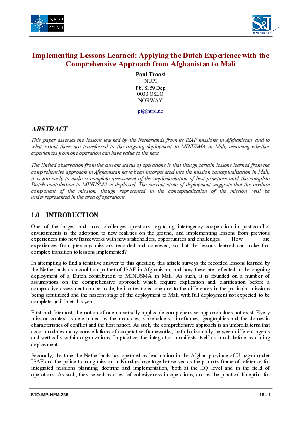 Implementing Lessons Learned: Applying the Dutch Experience with the Comprehensive Approach from ...