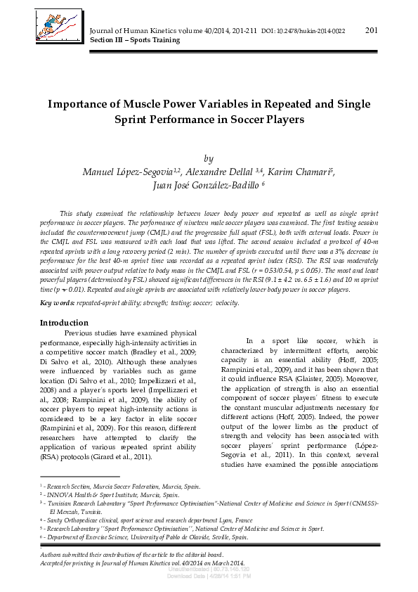 (PDF) Lopez-Segovia JHK 2014 Importance of Muscle Power Variables in Repeated and Single Sprint ...