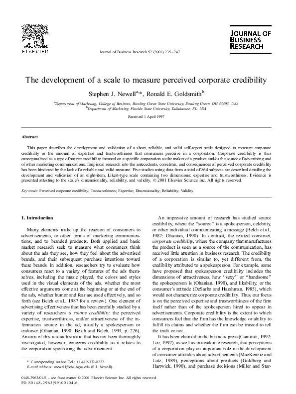 (PDF) The development of a scale to measure perceived corporate credibility