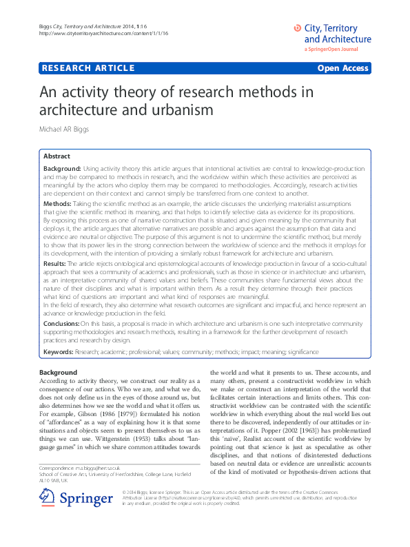 (PDF) An activity theory of research methods in architecture and urbanism