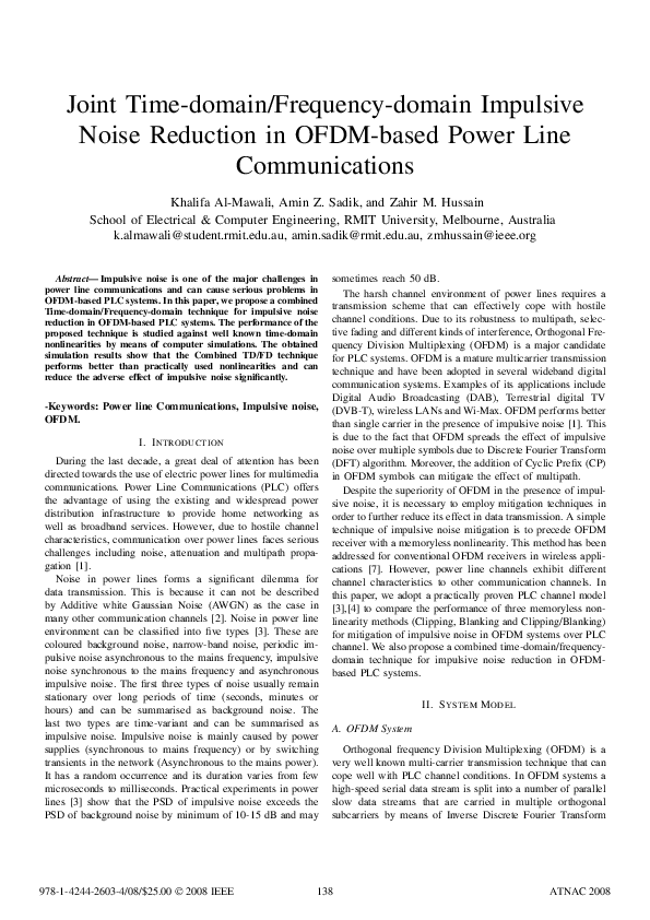 Pdf Joint Time Domain Frequency Domain Impulsive Noise Reduction In