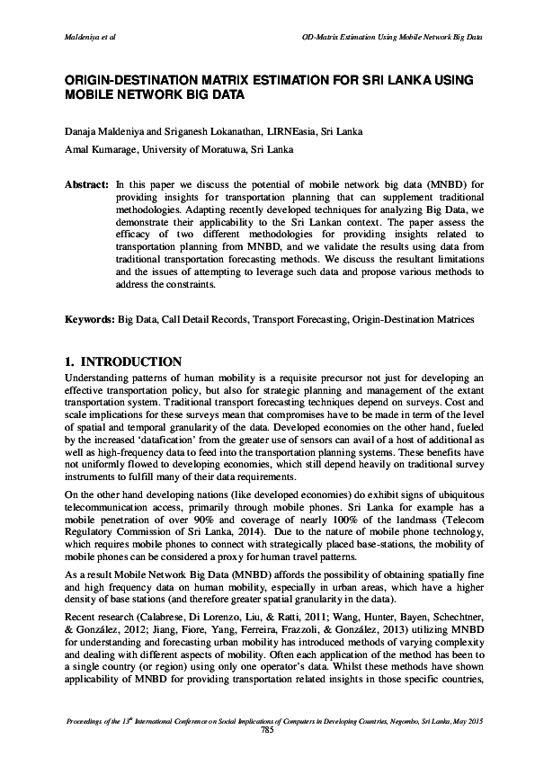 Pdf Origin Destination Matrix Estimation In Sri Lanka Using Mobile Network Big Data