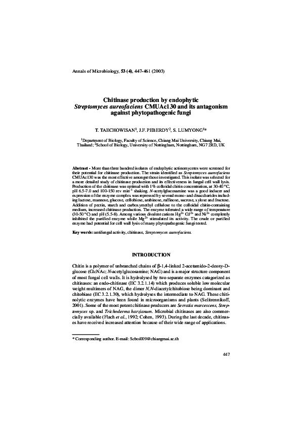 (PDF) Chitinase production by endophytic Streptomyces aureofaciens ...