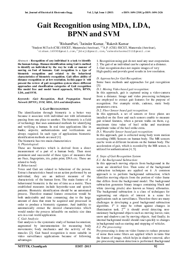 (PDF) Gait Recognition using MDA, LDA, BPNN and SVM