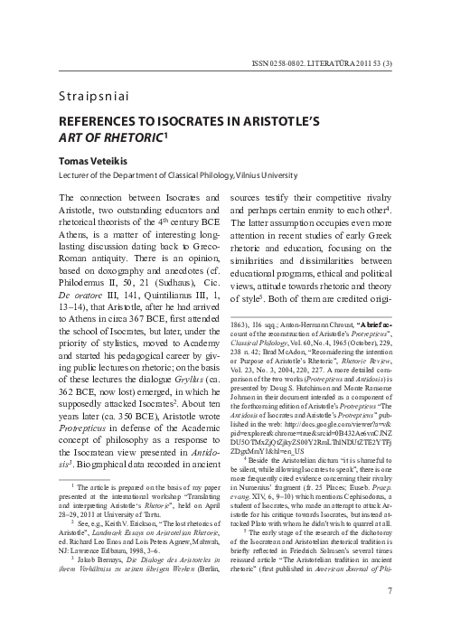 (PDF) References to Isocrates in Aristotle's Art of Rhetoric
