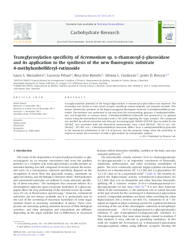 Pdf Transglycosylation Specificity Of Acremonium Sp Alpha Rhamnosyl
