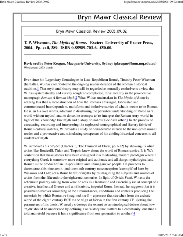 (PDF) Book Review: T. P. Wiseman, The Myths of Rome