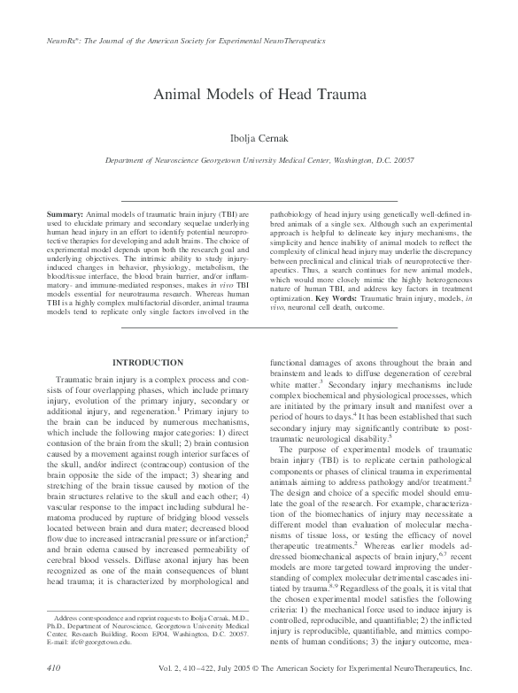 (PDF) Animal models of head trauma