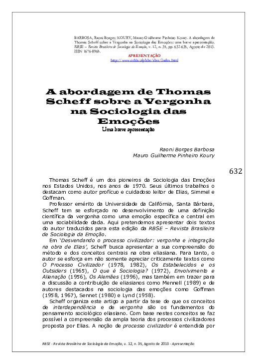 (PDF) A abordagem de Thomas Scheff sobre a Vergonha na Sociologia das ...