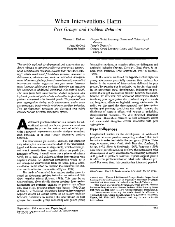 (PDF) When interventions harm: Peer groups and problem behavior