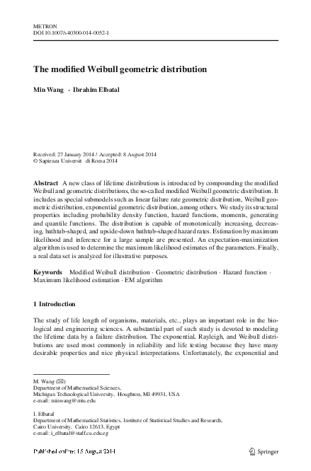 (PDF) The modified Weibull geometric distribution (PDF) The modified Weibull geometric distribution