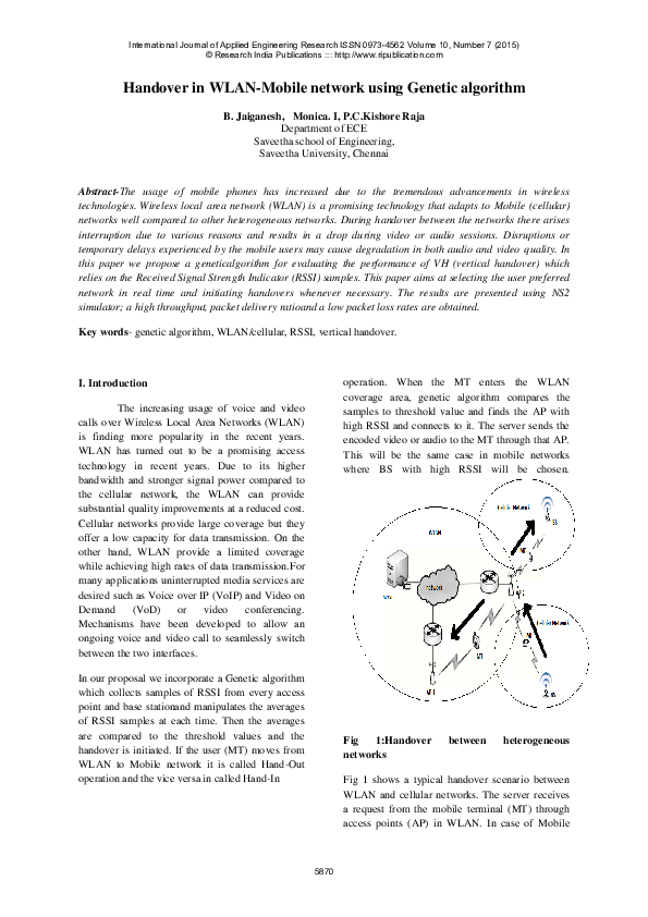 Pdf Handover In Wlan Mobile Network Using Genetic Algorithm