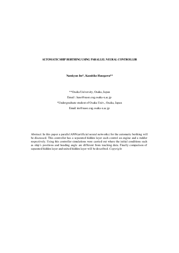 (PDF) AUTOMATIC SHIP BERTHING USING PARALLEL NEURAL CONTROLLER